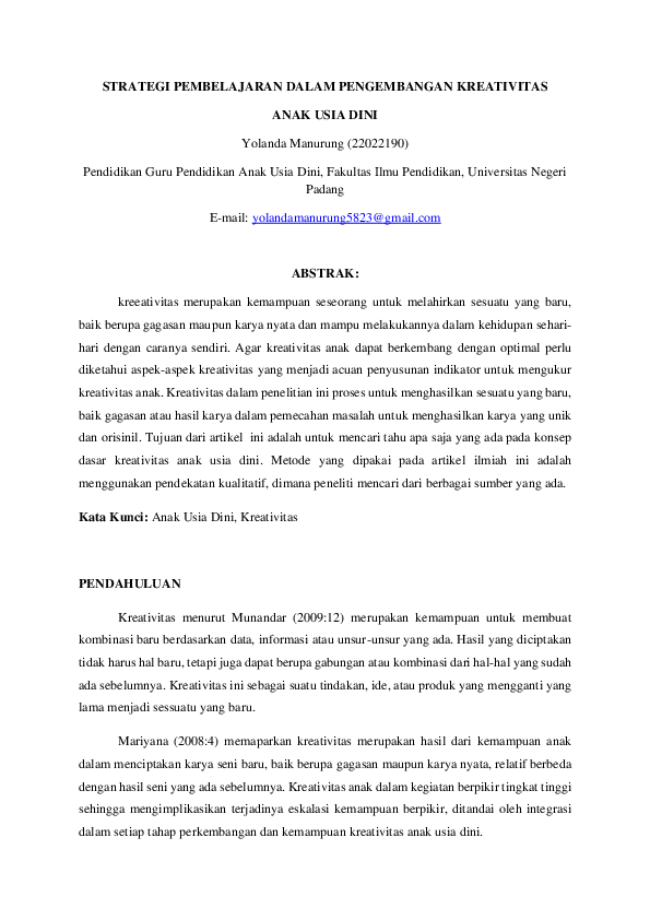 (PDF) STRATEGI PEMBELAJARAN DALAM PENGEMBANGAN KREATIVITAS ANAK USIA DINI