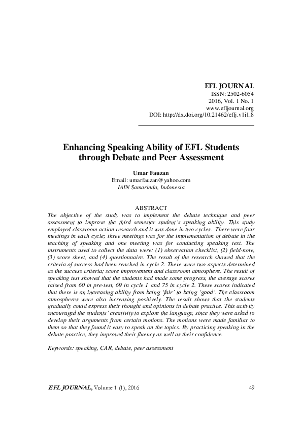 (PDF) Enhancing Speaking Ability of EFL Students through Debate and Peer Assessment