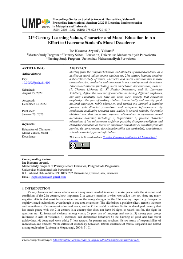 (PDF) 21st Century Learning Values, Character and Moral Education in An Effort to Overcome ...