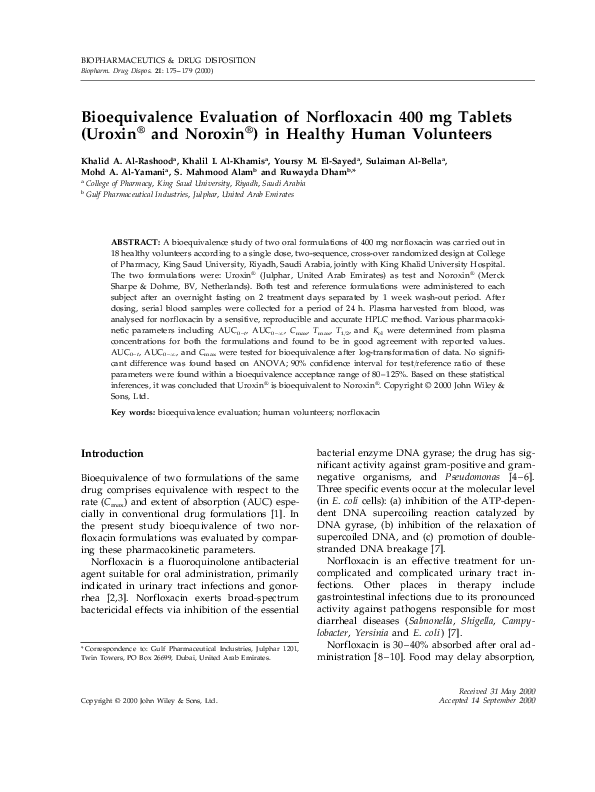 (PDF) Bioequivalence evaluation of norfloxacin 400 mg tablets (Uroxin ...