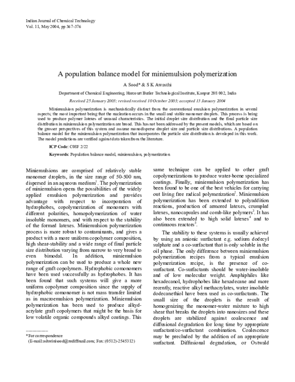 (PDF) Population Balance Model for Miniemulsion Polymerization, 1