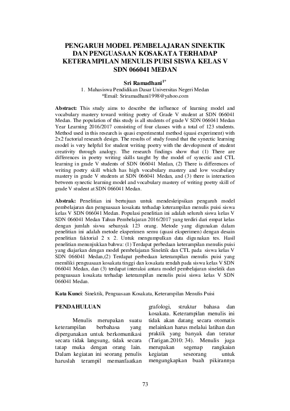 (PDF) Pengaruh Model Pembelajaran Sinektik Dan Penguasaan Kosakata Terhadap Keterampilan Menulis ...