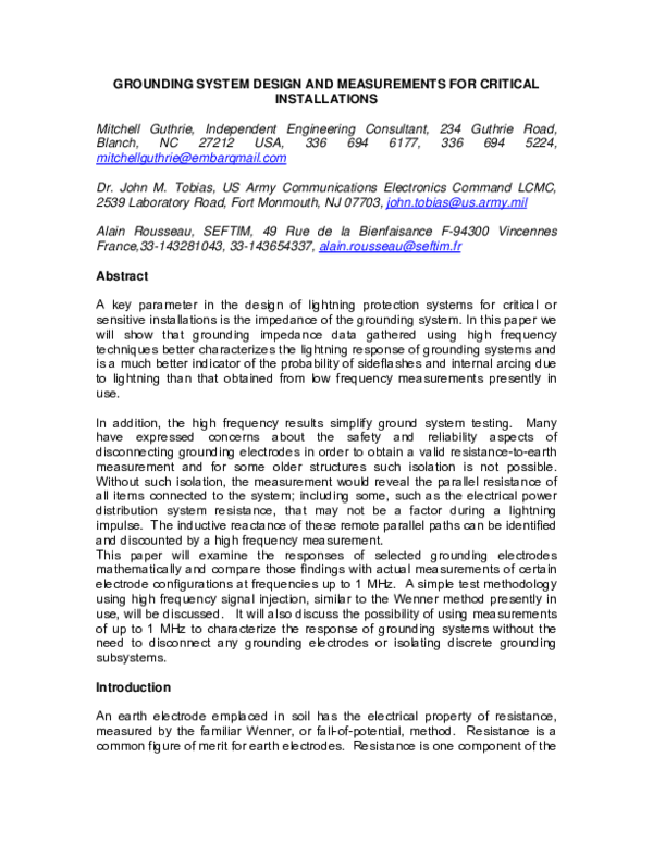 (PDF) Grounding System Design and Measurements for Critical Installations