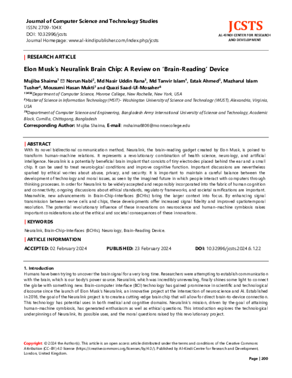 (PDF) Elon Musk's Neuralink Brain Chip: A Review on 'Brain-Reading' Device