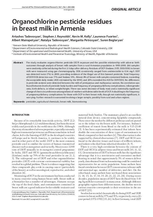 (PDF) Organochlorine pesticide residues in breast milk in Armenia