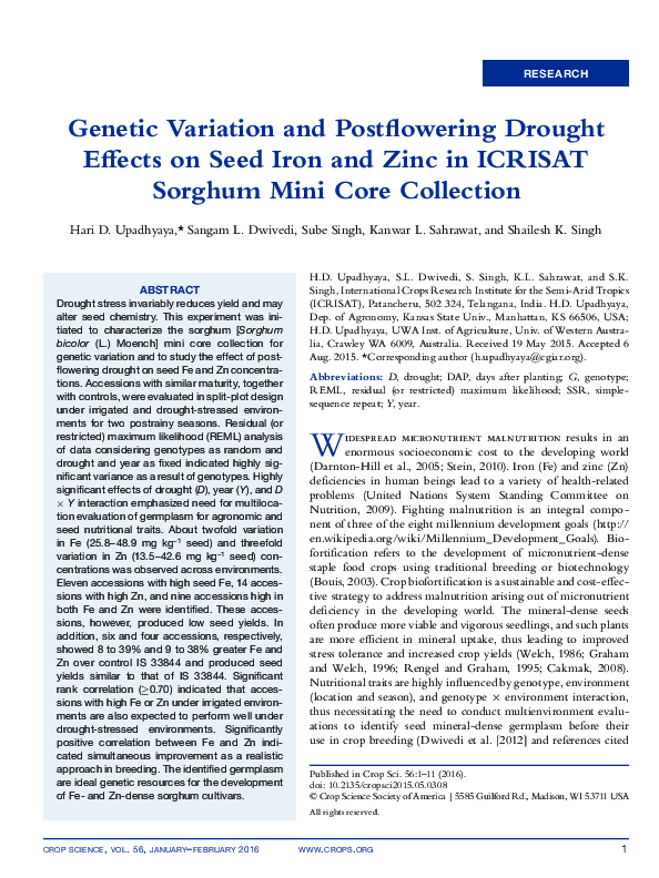 (PDF) Genetic Variation and Postflowering Drought Effects on Seed Iron and Zinc in ICRISAT ...