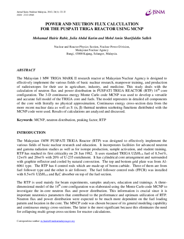 (PDF) Power and Neutron Flux Calculation for the Puspati Triga Reactor Using MCNP