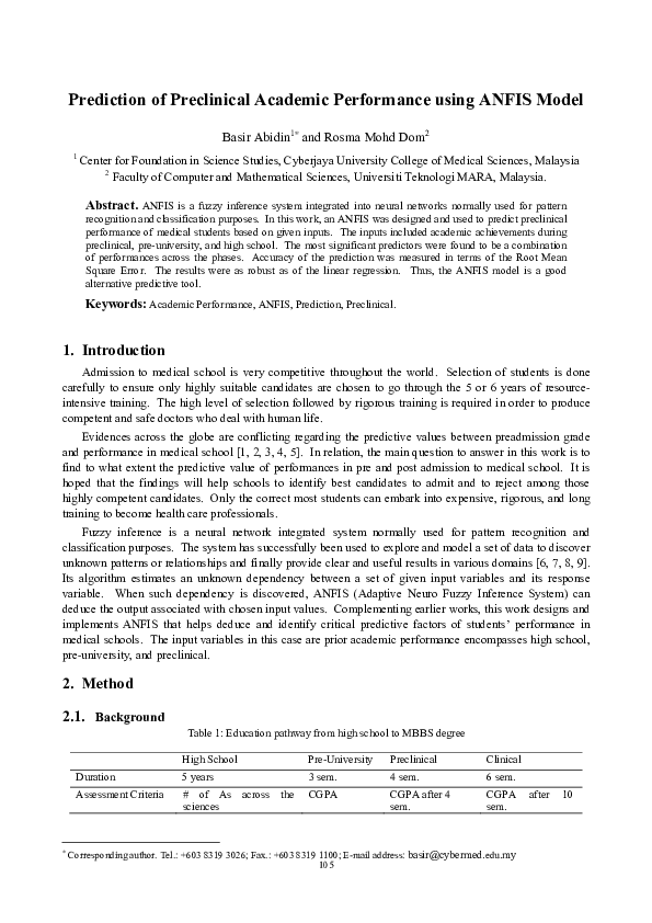 (PDF) Prediction of Preclinical Academic Performance using ANFIS Model