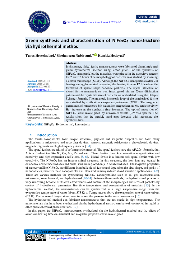 (PDF) Green synthesis and characterization of NiFe2O4 nanostructure via hydrothermal method