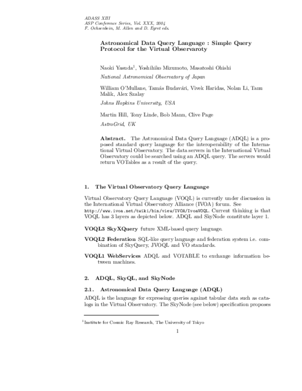 (PDF) Astronomical Data Query Language: Simple Query Protocol for the Virtual Observatory