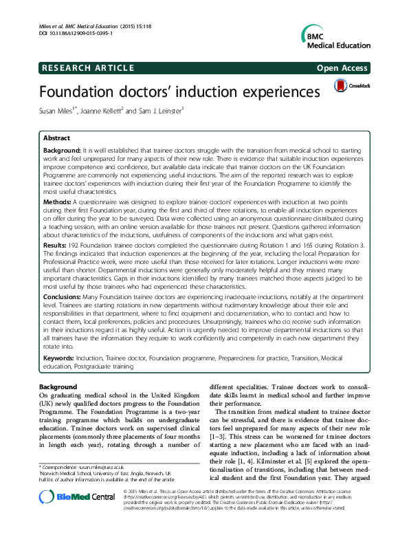 (PDF) Foundation doctors’ induction experiences