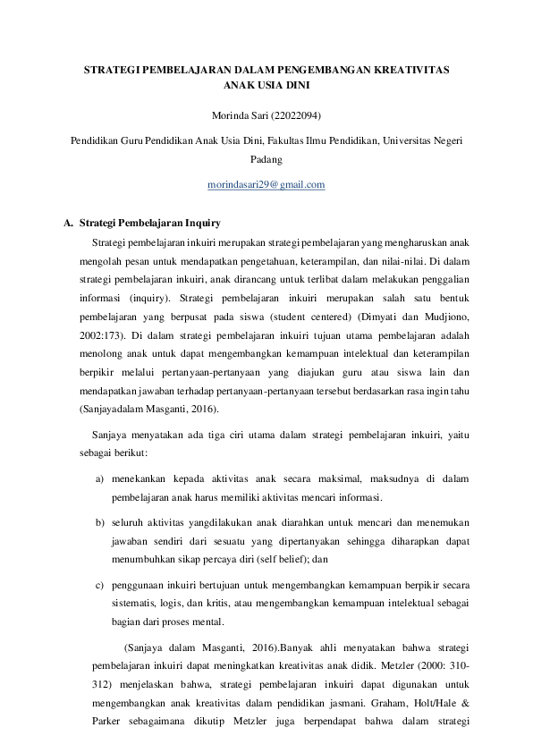 (PDF) STRATEGI PEMBELAJARAN DALAM PENGEMBANGAN KREATIVITAS ANAK USIA DINI