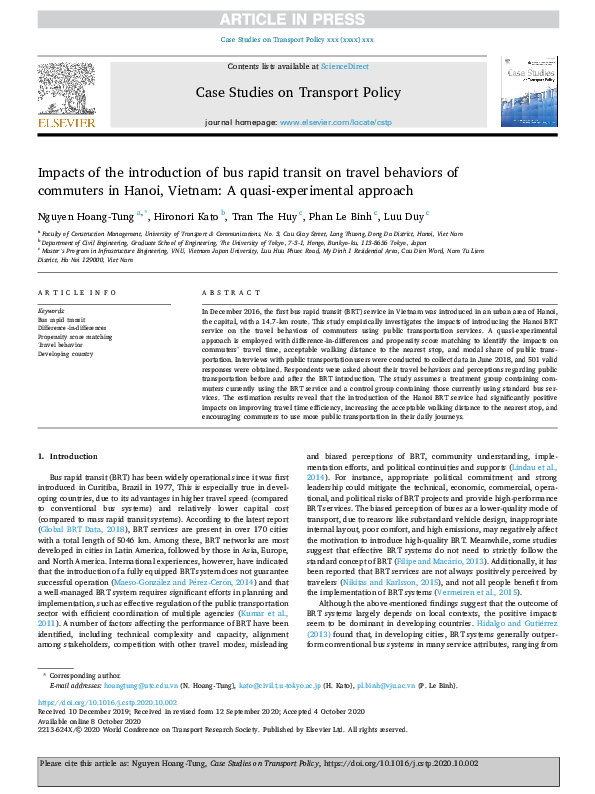(PDF) Impacts of the introduction of bus rapid transit on travel ...