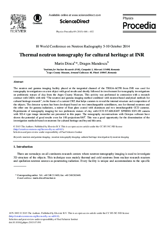 (PDF) Thermal Neutron Tomography for Cultural Heritage at INR