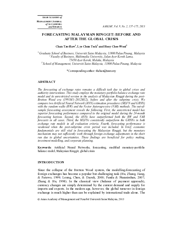 (PDF) Forecasting Malaysian Ringgit: Before and After The Global Crisis
