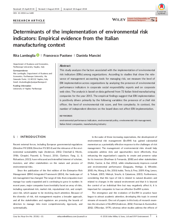 (PDF) Determinants of the implementation of environmental risk indicators: Empirical evidence ...