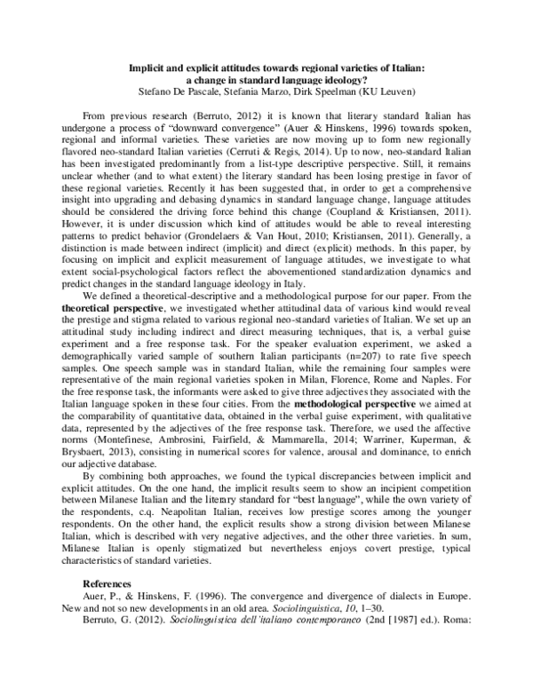 (PDF) Cultural models of the ‘Standard Italian – dialect’ continuum: a ...