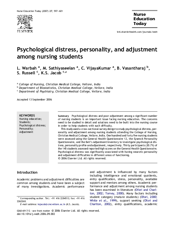 (PDF) Psychological distress, personality, and adjustment among nursing students