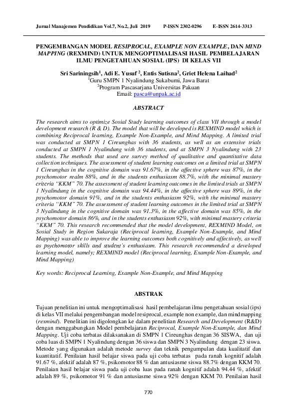 (PDF) Pengembangan Model Resiprocal, Example Non Example, Dan Mind Mapping (Rexmind) Untuk ...