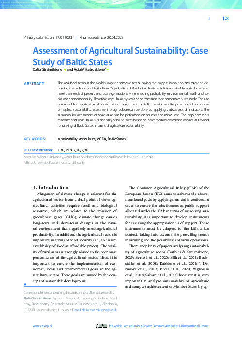 (PDF) Assessment of Agricultural Sustainability: Case Study of Baltic ...
