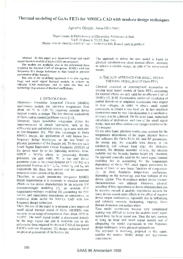 (PDF) Thermal modeling of GaAs FETs for MMICs CAD with modern design techniques | Agostino ...
