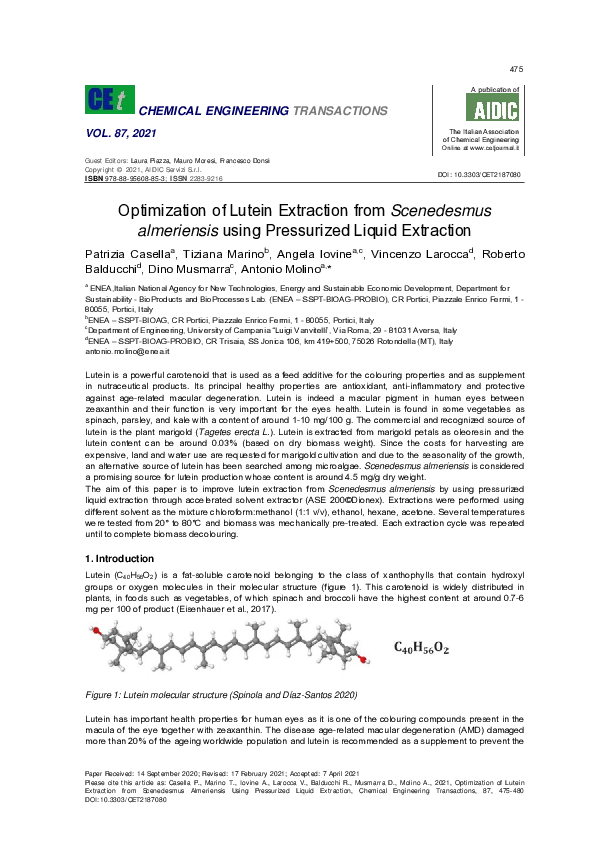(PDF) Optimization of Lutein Extraction from Scenedesmus Almeriensis Using Pressurized Liquid ...