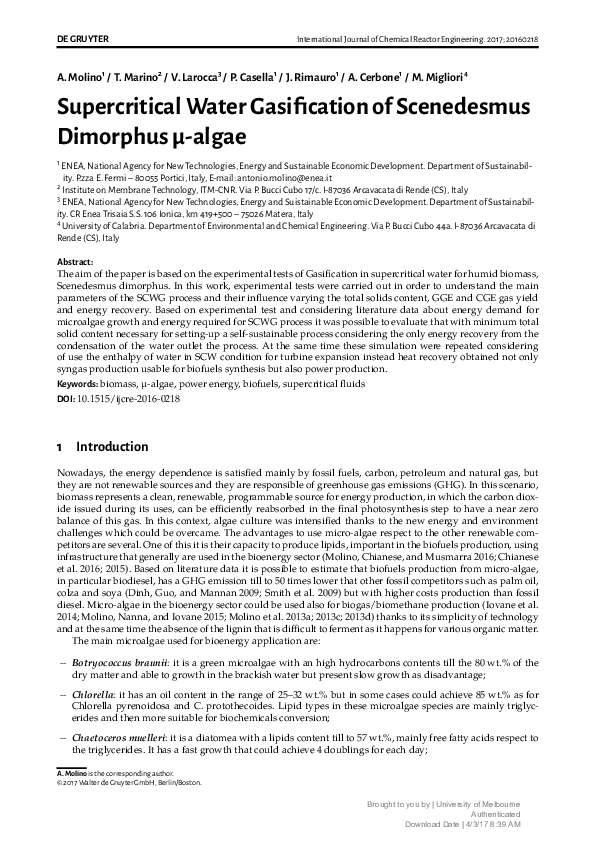 (PDF) Supercritical Water Gasification of Scenedesmus Dimorphus µ-algae