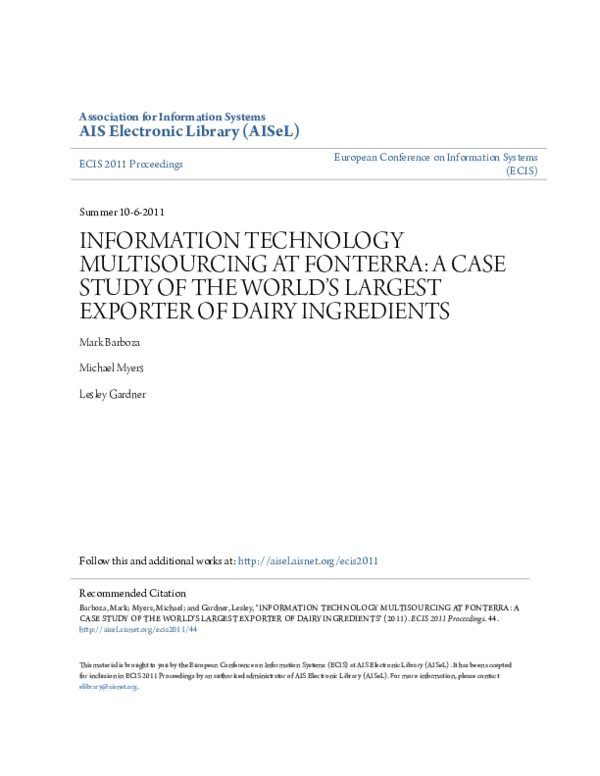 (PDF) Information Technology Multisourcing at Fonterra: A Case Study of the World’s Largest ...