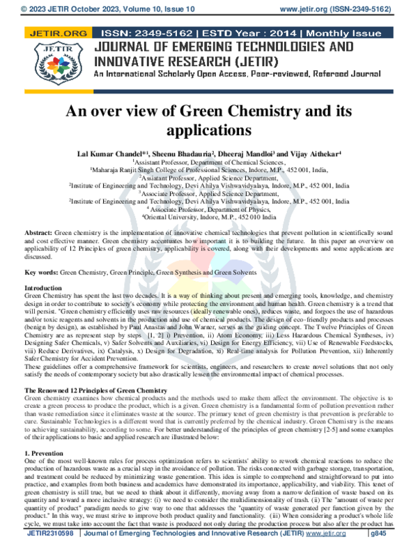 (PDF) An over view of Green Chemistry and its applications