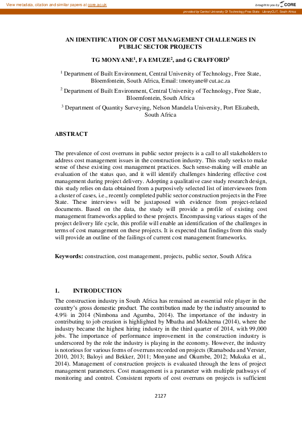 (PDF) An Identification of Cost Management Challenges in Public Sector ...