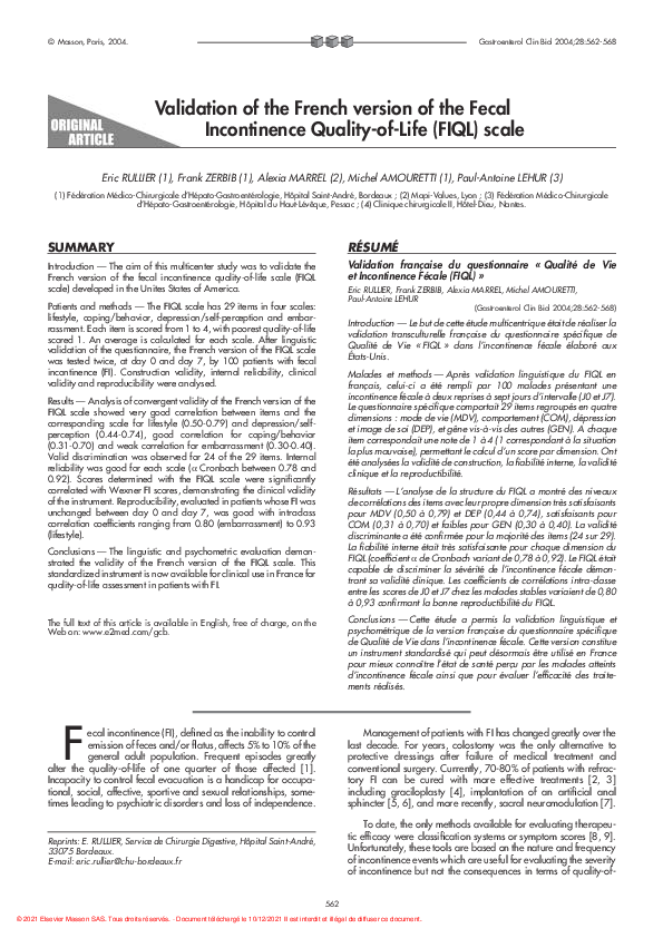 (PDF) Validation of the French version of the Fecal Incontinence ...