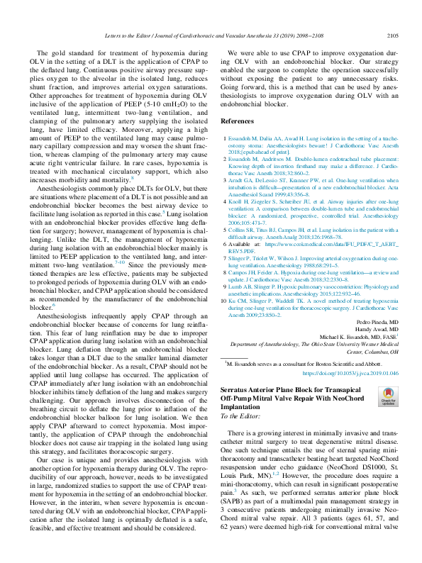 (PDF) Serratus Anterior Plane Block for Transapical Off-Pump Mitral ...