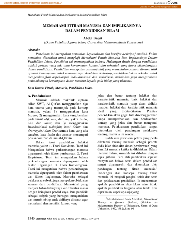 (PDF) Memahami Fitrah Manusia Dan Implikasinya Dalam Pendidikan Islam
