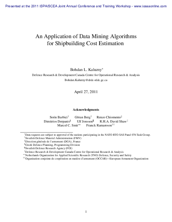 Pdf An Application Of Data Mining Algorithms For Shipbuilding Cost Estimation