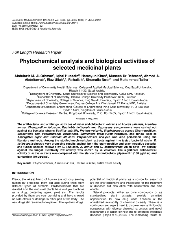 (PDF) Phytochemical analysis and biological activities of selected ...