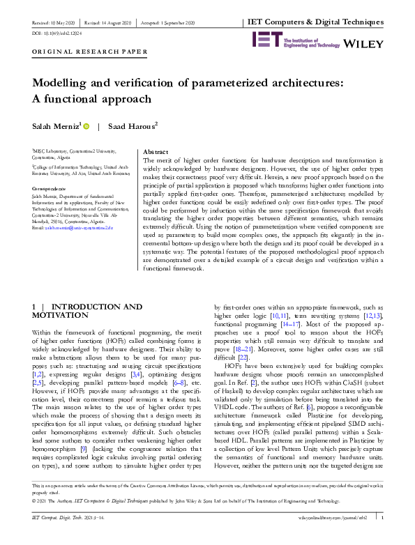 (PDF) Modelling and verification of parameterized architectures: A functional approach