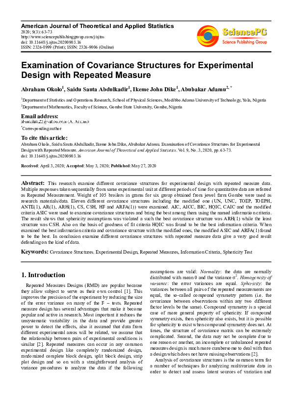 (PDF) Covariance Structures in Repeated Measures Experimental Design