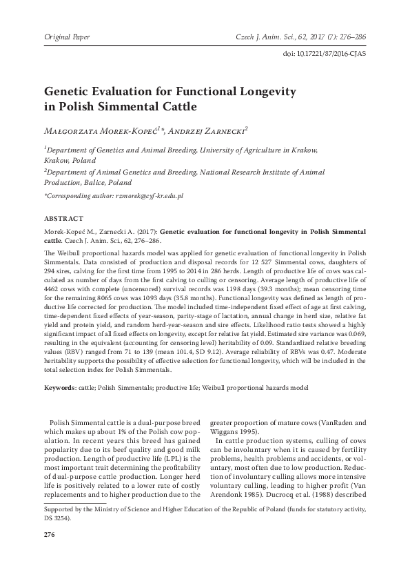 (PDF) Genetic evaluation for functional longevity in Polish Simmental cattle | Malgorzata Morek ...
