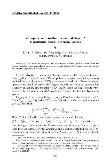 (PDF) Compact and continuous embeddings of logarithmic Bessel potential spaces