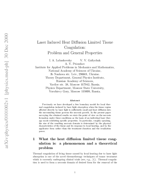 (PDF) Laser Induced Heat Diffusion Limited Tissue Coagulation: Problem ...