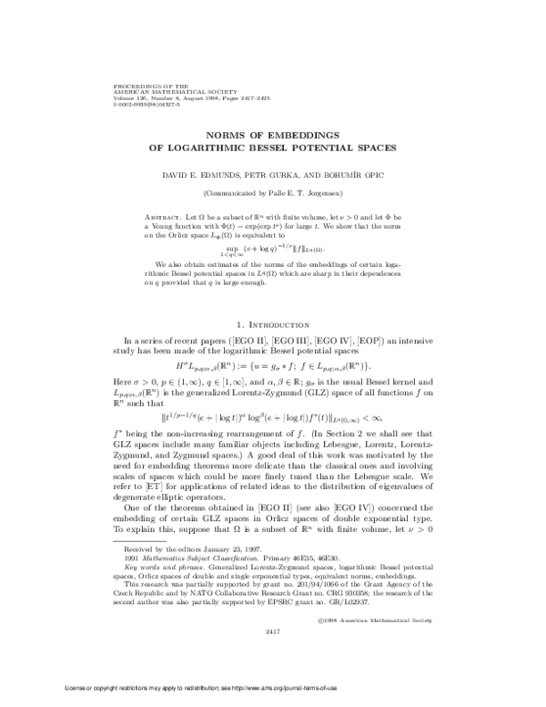 Pdf Norms Of Embeddings Of Logarithmic Bessel Potential Spaces