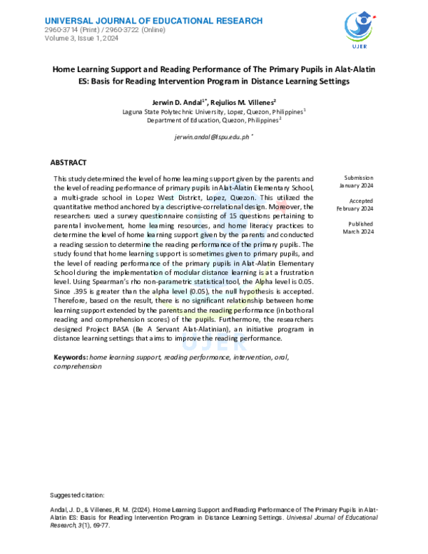 (PDF) Home Learning Support and Reading Performance of The Primary Pupils in Alat-Alatin ES ...