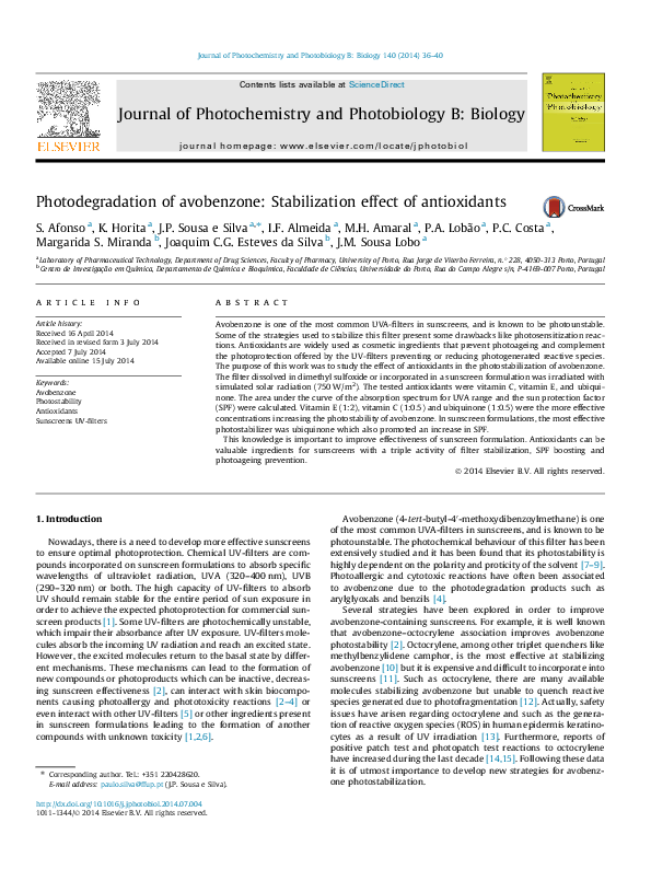 (PDF) Photodegradation of avobenzone: Stabilization effect of antioxidants