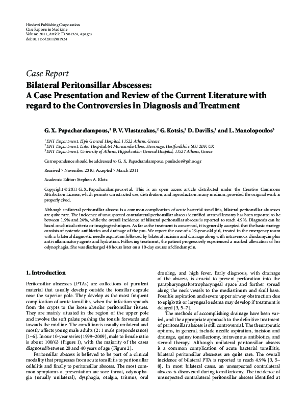 (PDF) Bilateral Peritonsillar Abscesses: A Case Presentation and Review ...