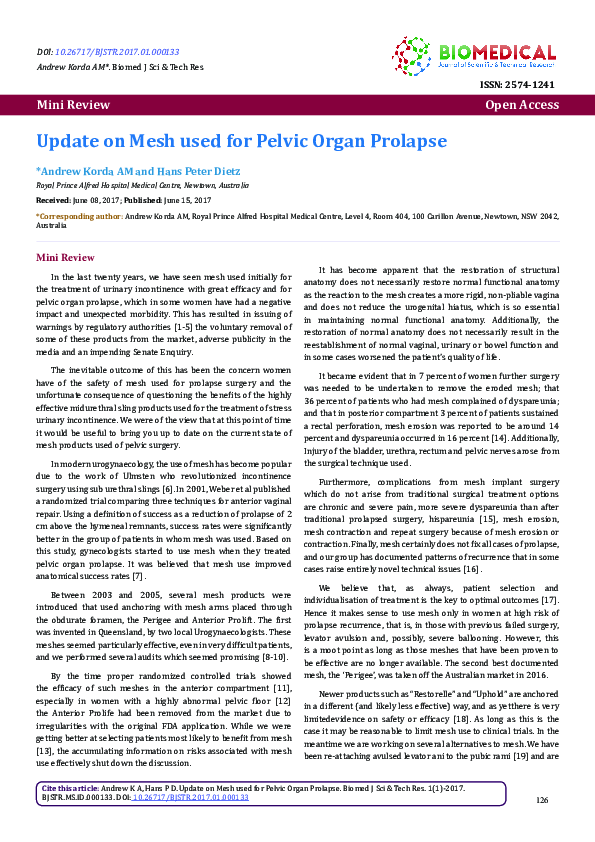 (PDF) Update on Mesh used for Pelvic Organ Prolapse