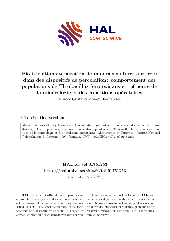 (PDF) Biolixiviation-cyanuration de minerais sulfurés aurifères dans ...