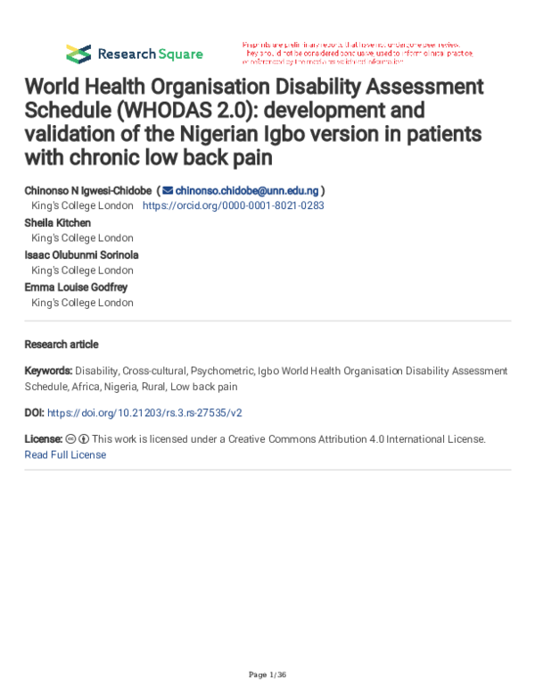 (PDF) World Health Organisation Disability Assessment Schedule (WHODAS ...