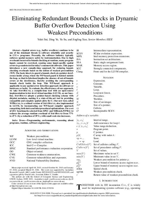Pdf Eliminating Redundant Bounds Checks In Dynamic Buffer Overflow Detection Using Weakest 0622
