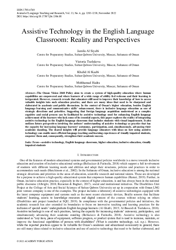 (PDF) Assistive Technology in the English Language Classroom: Reality ...