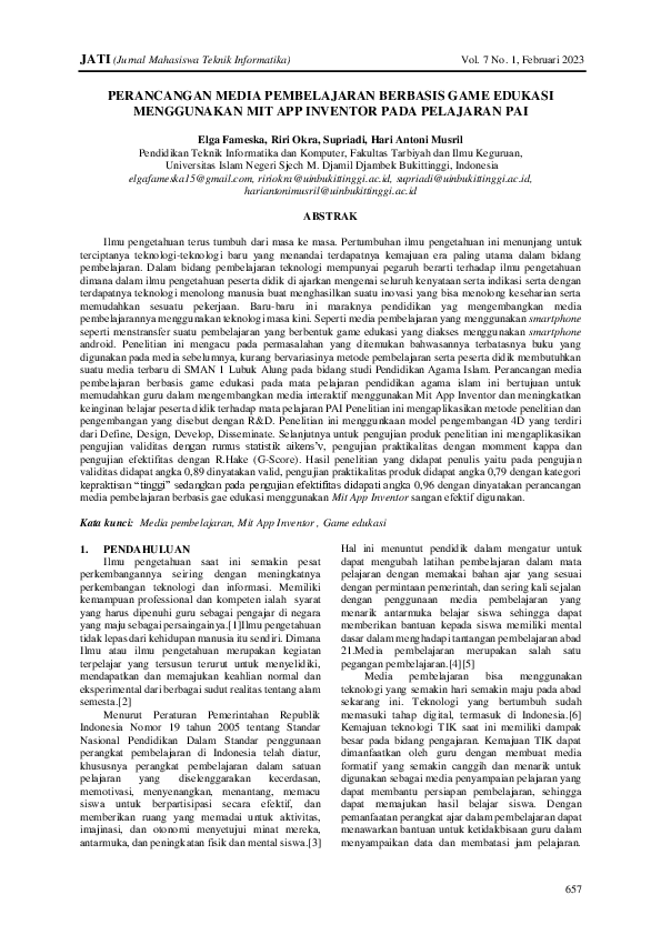 (PDF) Perancangan Media Pembelajaran Berbasis Game Edukasi Menggunakan Mit App Inventor Pada ...